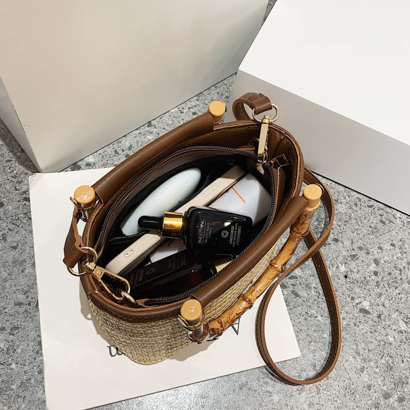 Women Beach Bag Straw Woven Shoulder Bag Tote Bag Crossbody Bucket Handbags Summer Handmade Hobo Purse Bamboo Handle ,Perfect for everyday beach trips