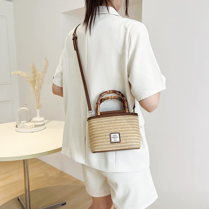 Women Beach Bag Straw Woven Shoulder Bag Tote Bag Crossbody Bucket Handbags Summer Handmade Hobo Purse Bamboo Handle ,Perfect for everyday beach trips