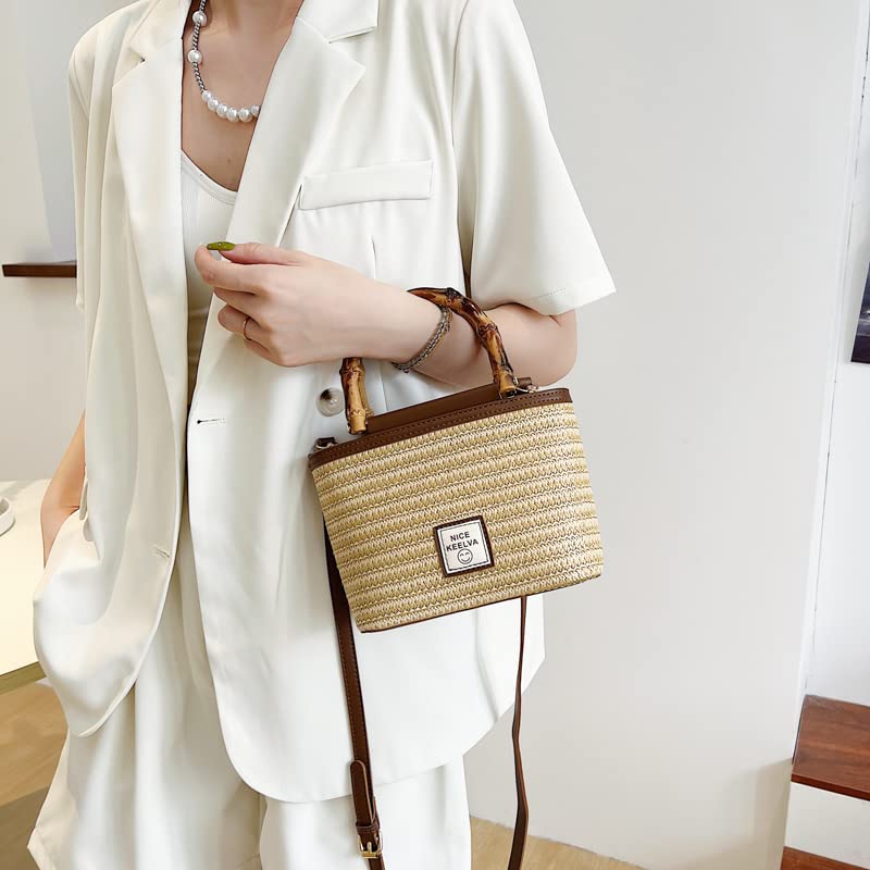 Women Beach Bag Straw Woven Shoulder Bag Tote Bag Crossbody Bucket Handbags Summer Handmade Hobo Purse Bamboo Handle ,Perfect for everyday beach trips
