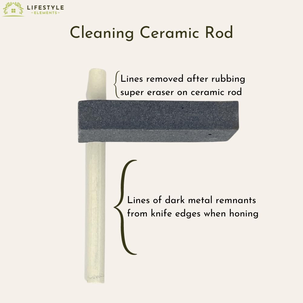 Honing Rod Knife Sharpener Bundle - Arkansas Sharpeners 4 1/2in Ceramic Rod (Pack of 2) and Super Rust Eraser Sharpening Rod Cleaner (Pack of 1) with Protective Storage Pouch by Lifestyle Elements