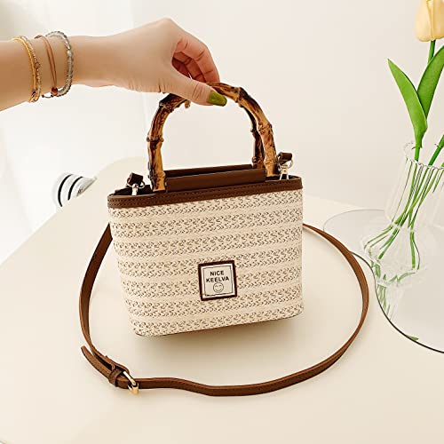 Women Beach Bag Straw Woven Shoulder Bag Tote Bag Crossbody Bucket Handbags Summer Handmade Hobo Purse Bamboo Handle ,Perfect for everyday beach trips