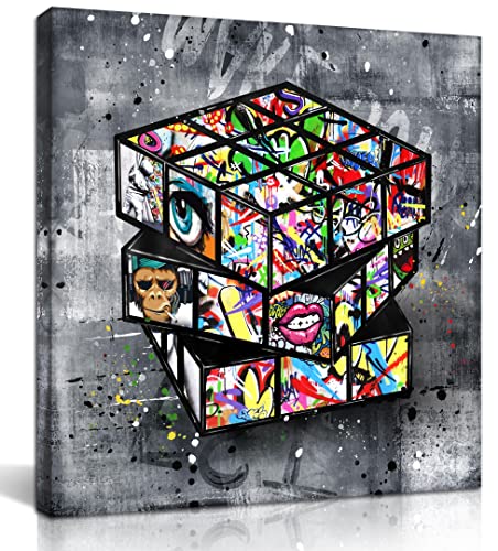 SIXTTART Banksy Canvas Wall-Art for Bedroom - Street Graffiti Wall Art - Abstract Painting Pop Art Wall Decor Modern Home Office Decor 14" W x 14" H Stretched and Framed Ready to Hang
