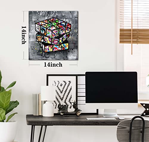 SIXTTART Banksy Canvas Wall-Art for Bedroom - Street Graffiti Wall Art - Abstract Painting Pop Art Wall Decor Modern Home Office Decor 14" W x 14" H Stretched and Framed Ready to Hang