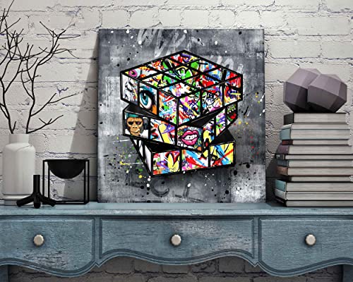 SIXTTART Banksy Canvas Wall-Art for Bedroom - Street Graffiti Wall Art - Abstract Painting Pop Art Wall Decor Modern Home Office Decor 14" W x 14" H Stretched and Framed Ready to Hang