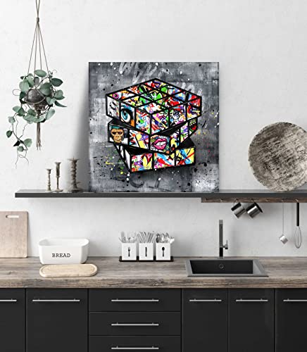 SIXTTART Banksy Canvas Wall-Art for Bedroom - Street Graffiti Wall Art - Abstract Painting Pop Art Wall Decor Modern Home Office Decor 14" W x 14" H Stretched and Framed Ready to Hang