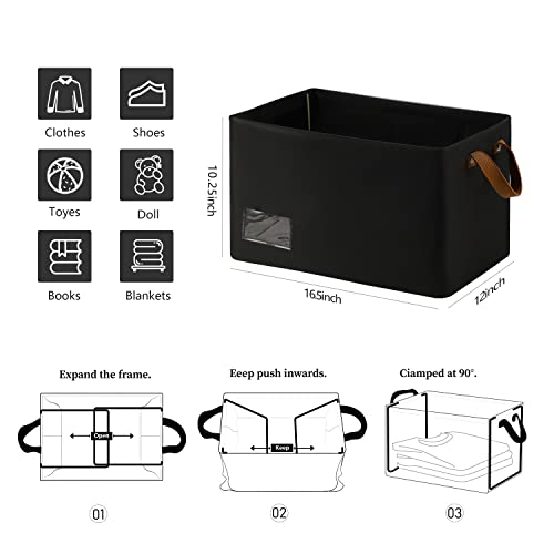 Furnhome Fabric Storage Bins for Shelves,Large Storage Basket for Organizing with Metal Frame, Flodable Storage Bins with Handles for Closet, Black, 2-Pack