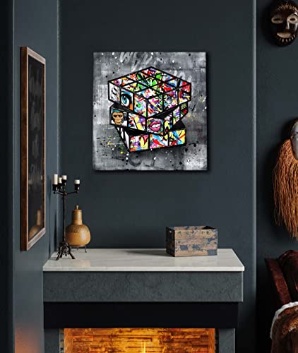 SIXTTART Banksy Canvas Wall-Art for Bedroom - Street Graffiti Wall Art - Abstract Painting Pop Art Wall Decor Modern Home Office Decor 14" W x 14" H Stretched and Framed Ready to Hang