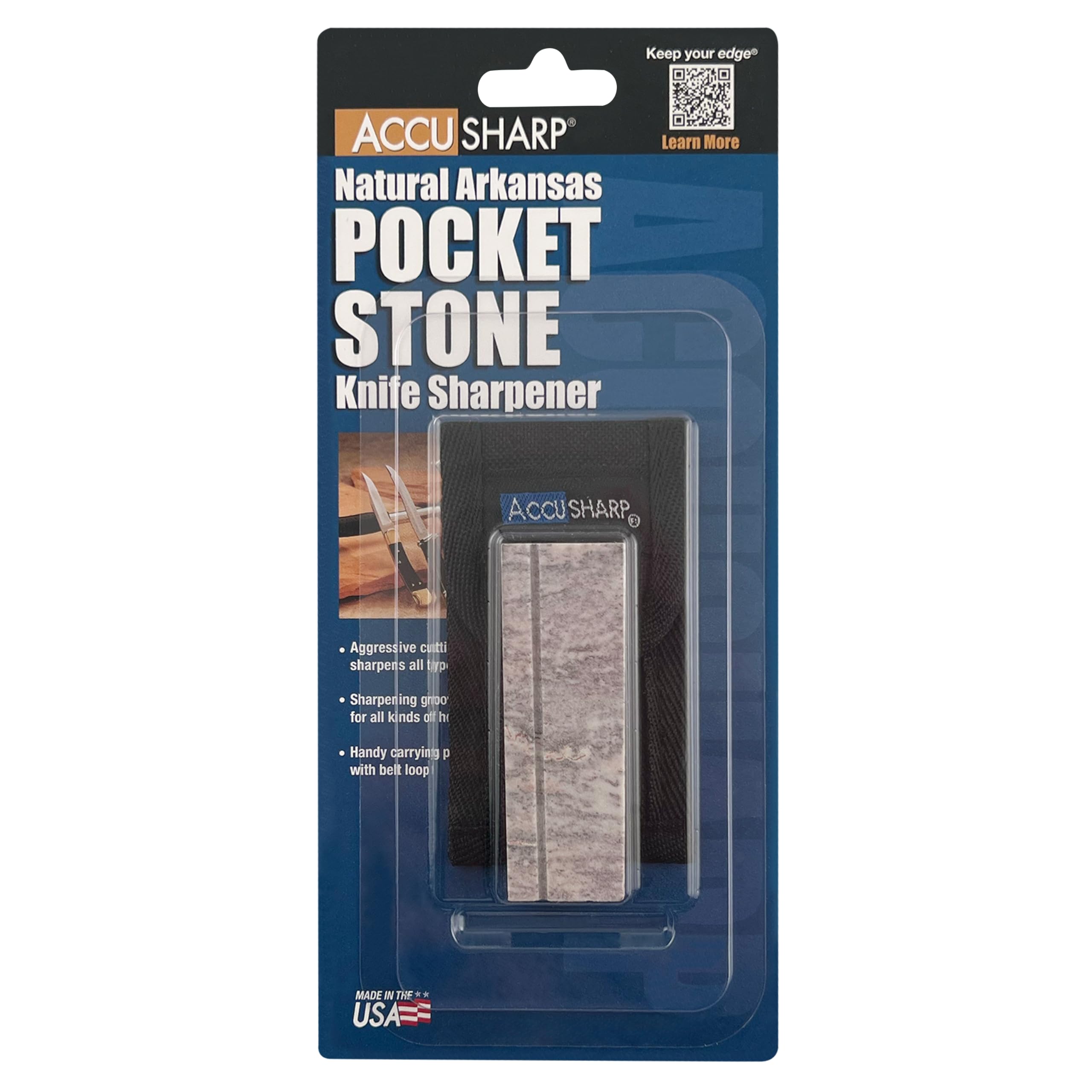 AccuSharp Pocket Stone Sharpener with Pouch, 3 Inch Dual-Sided Sharpening Stone for Knives, Fish Hooks, Camping, Hunting Knives, Restores, Repairs & Hones Blades, Natural