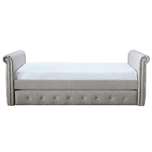 DG Casa Hesdin Daybed with Trundle Platform Bed Frame with Button Tufting Nailhead Trim andFull Wooden Slats, Box Spring Not Required - Traditional Upholstered Twin Size Day Bed in GreyFaux Velvet
