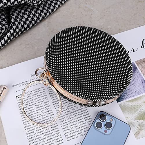 Tanpell Women's Evening Bag Round Rhinestone Crystal Clutch Purse Handbag for Wedding Prom Party (Black)