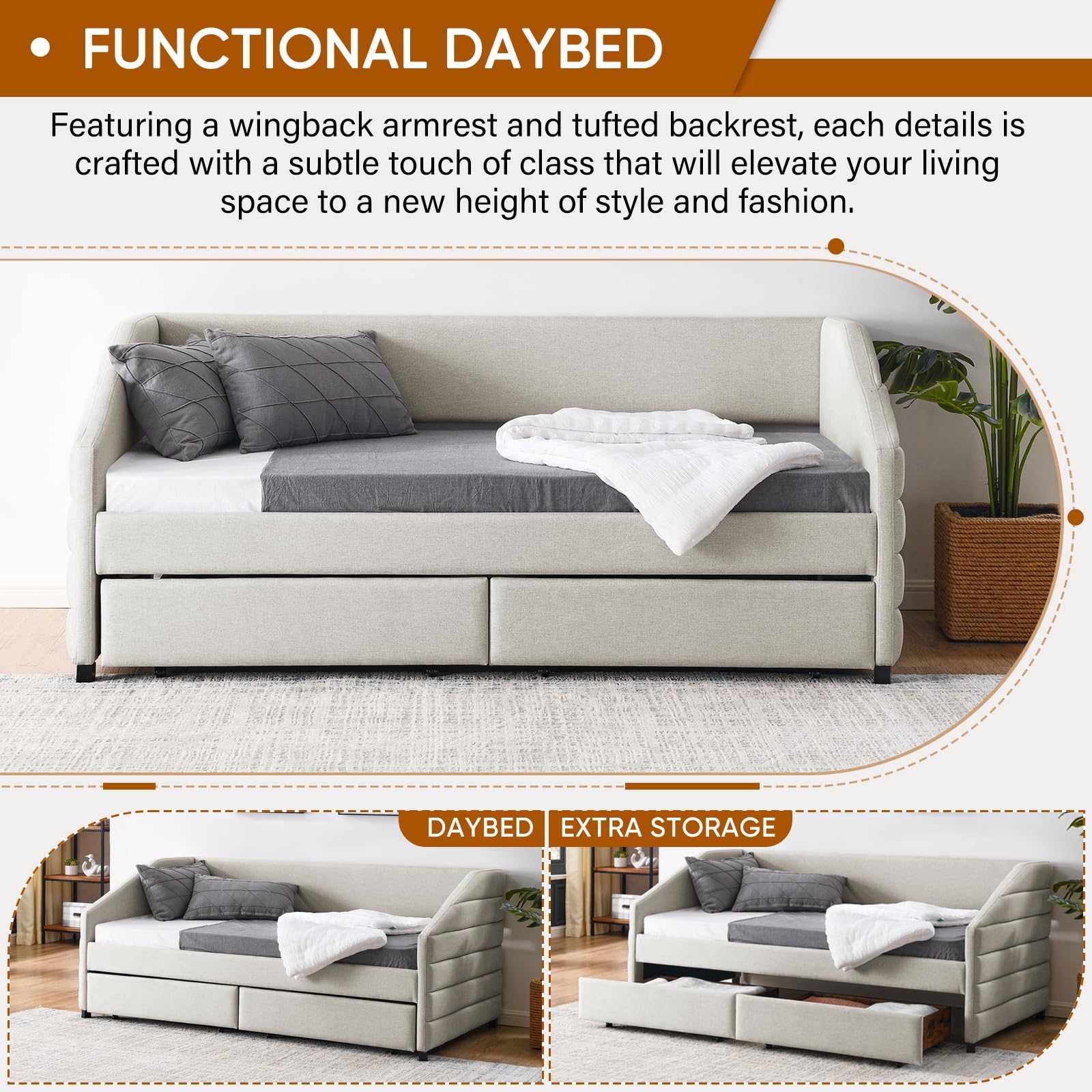 Twin Daybed with Storage Drawers, Upholstered Twin Size Daybed Frame, Modern Sofa Day Bed Frame with Curved Armrests, Linen Fabric Bedroom Furniture Bedframe, No Box Spring Needed (Twin, Beige)