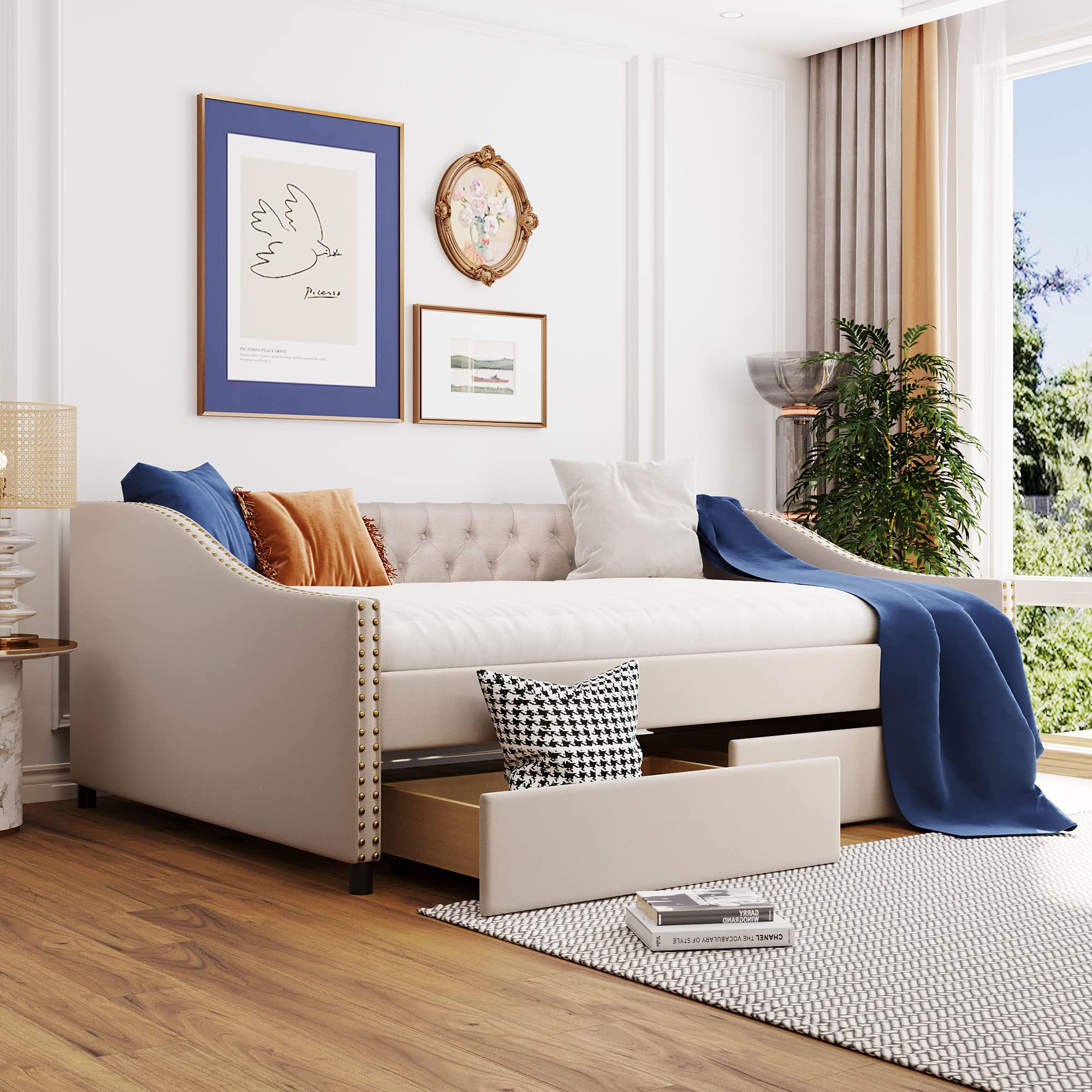 Eafurn Full Daybed with Two Drawers, Upholstered Daybed with Storage,Full Size Button Tufted Sofa Bed Day Bed with Nailhead Trim and Solid Wood Slat Support