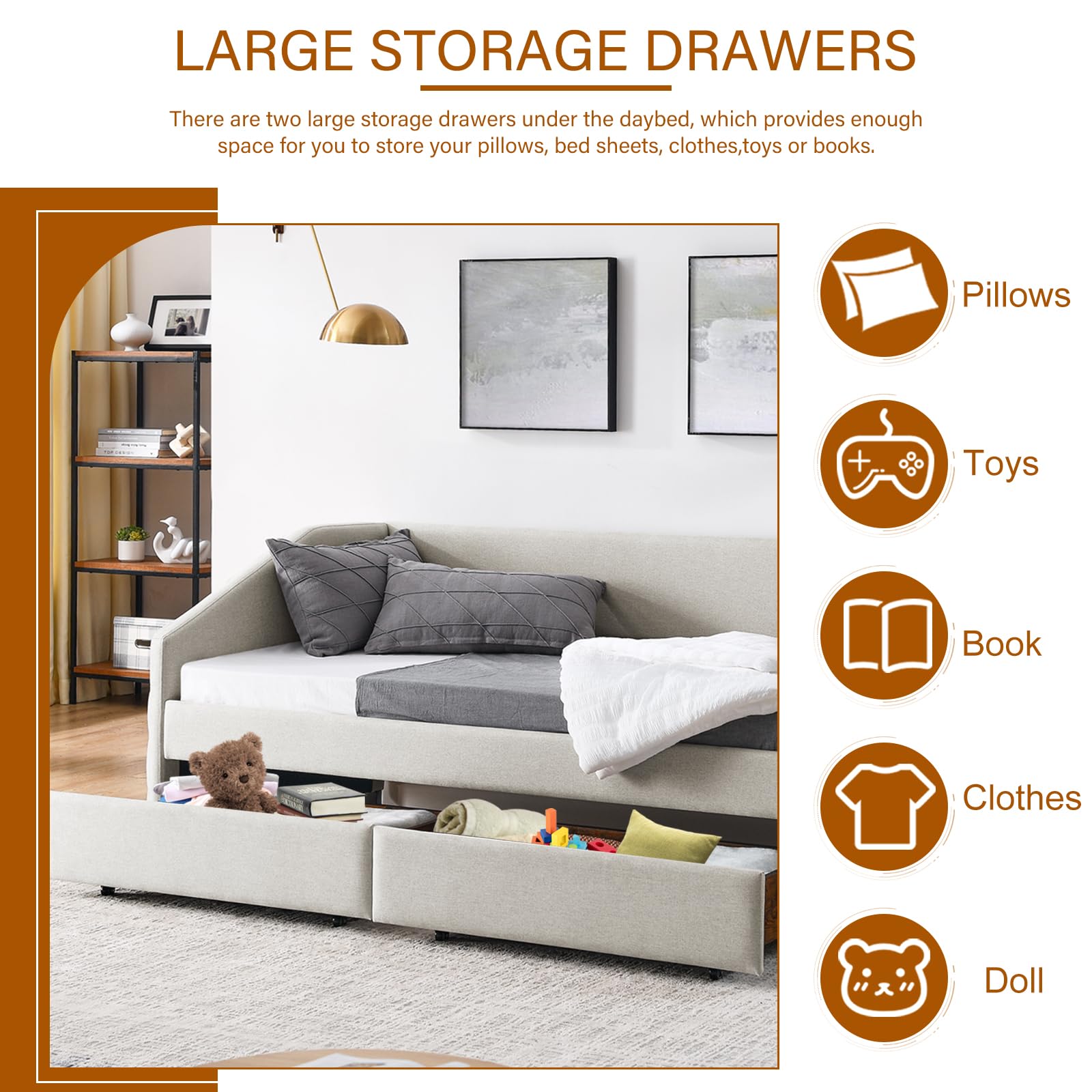 Twin Daybed with Storage Drawers, Upholstered Twin Size Daybed Frame, Modern Sofa Day Bed Frame with Curved Armrests, Linen Fabric Bedroom Furniture Bedframe, No Box Spring Needed (Twin, Beige)