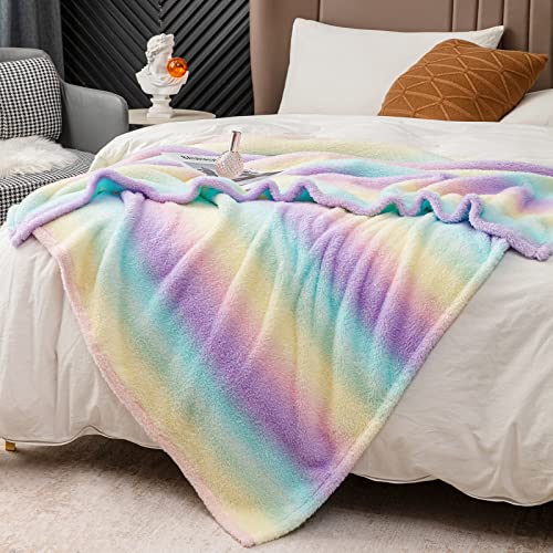 DaysU Sherpa Fleece Blanket, Throw Blanket for Couch, Sofa, Bed, Lightweight Soft Cozy Warm Fuzzy Blankets for Camping, Picnic, Travel, Rainbow Print, 50β x 60β