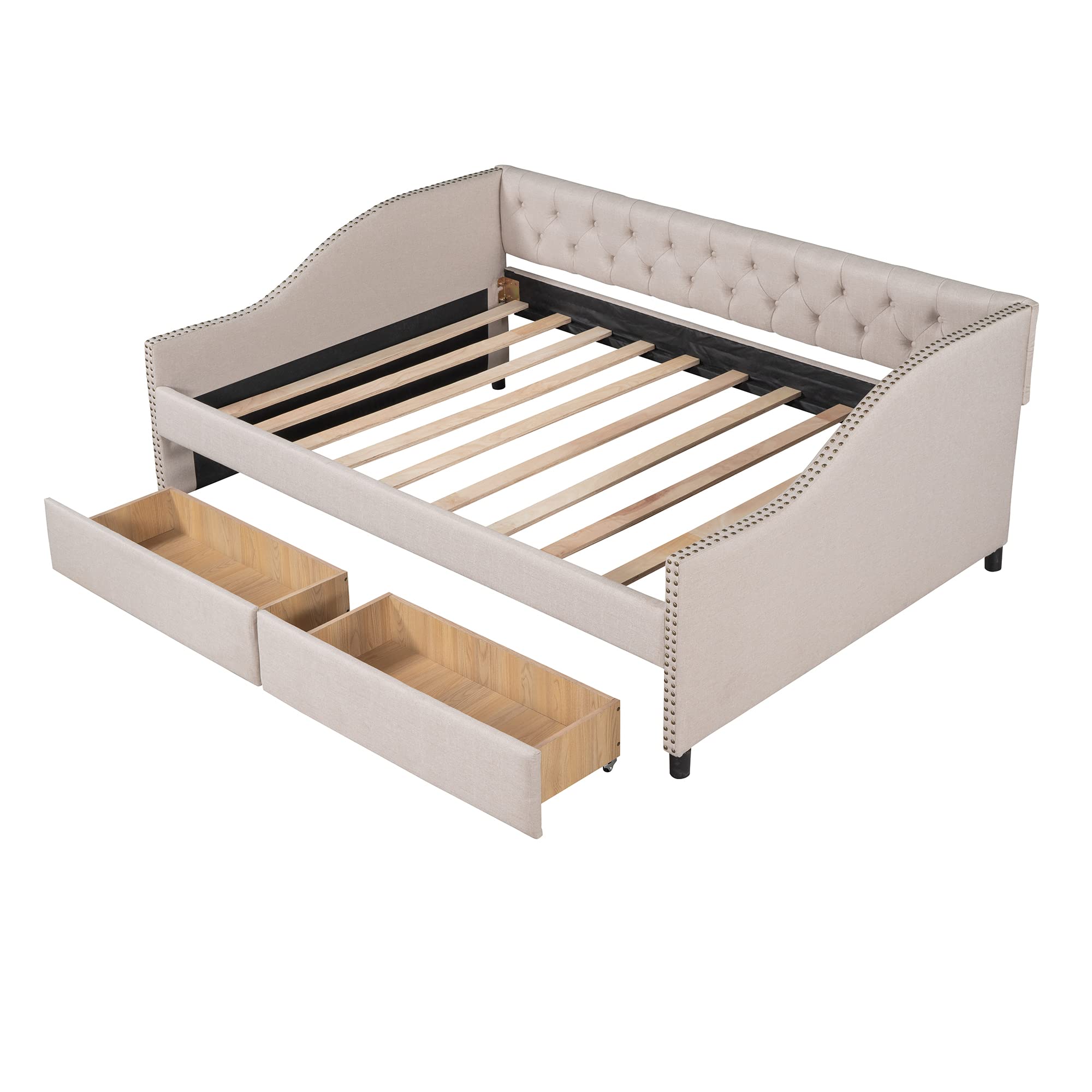 Eafurn Full Daybed with Two Drawers, Upholstered Daybed with Storage,Full Size Button Tufted Sofa Bed Day Bed with Nailhead Trim and Solid Wood Slat Support