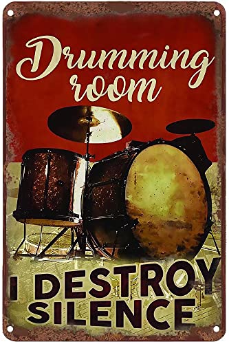 Vintage Metal Tin Sign,Drum set poster drumming room i destroy silence,Home Gate Garden Bars Restaurants Cafes Office Store Pubs Club Sign Gift 8x12 Inch Plaque Tin Sign,Wall Art Sign Wall Decor