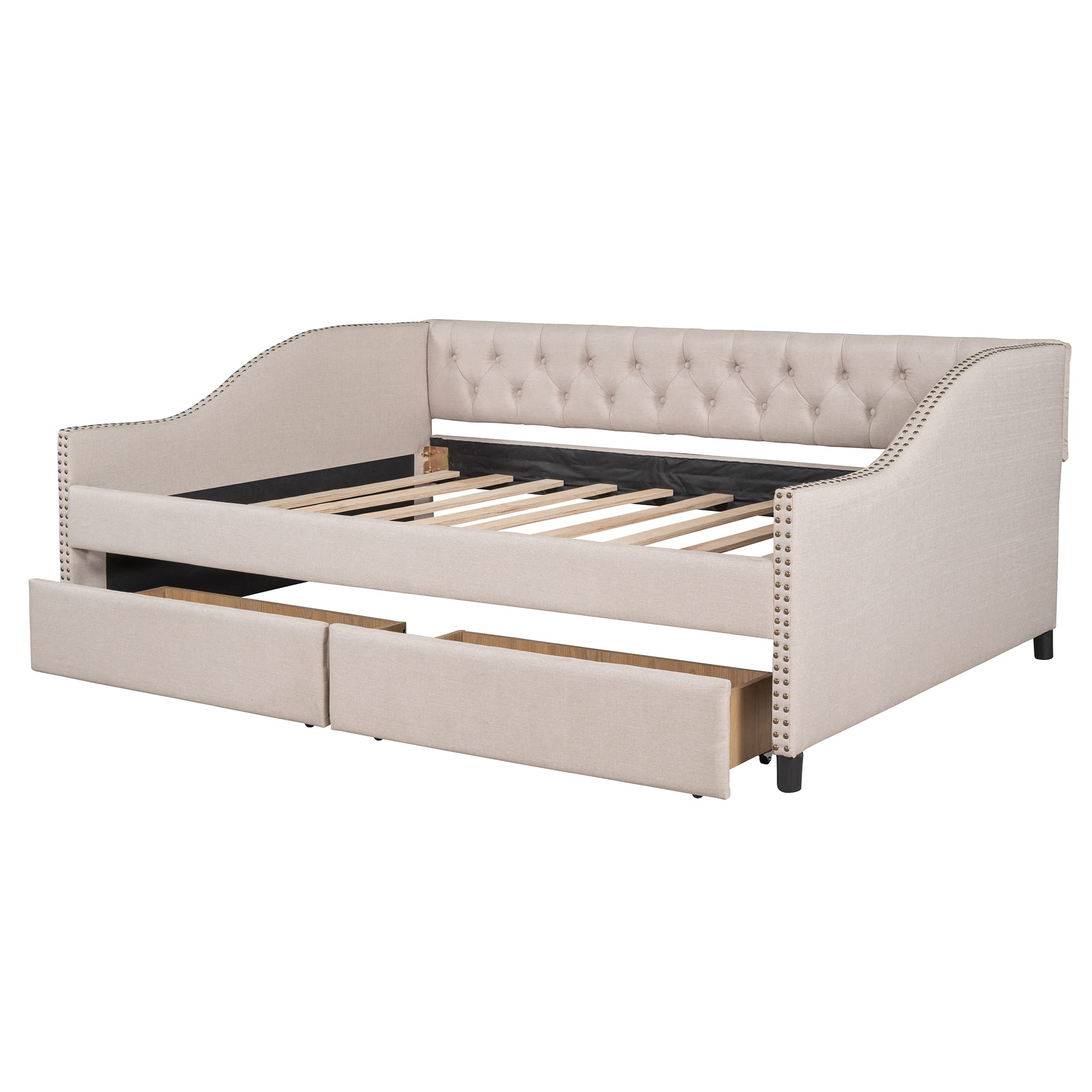Eafurn Full Daybed with Two Drawers, Upholstered Daybed with Storage,Full Size Button Tufted Sofa Bed Day Bed with Nailhead Trim and Solid Wood Slat Support