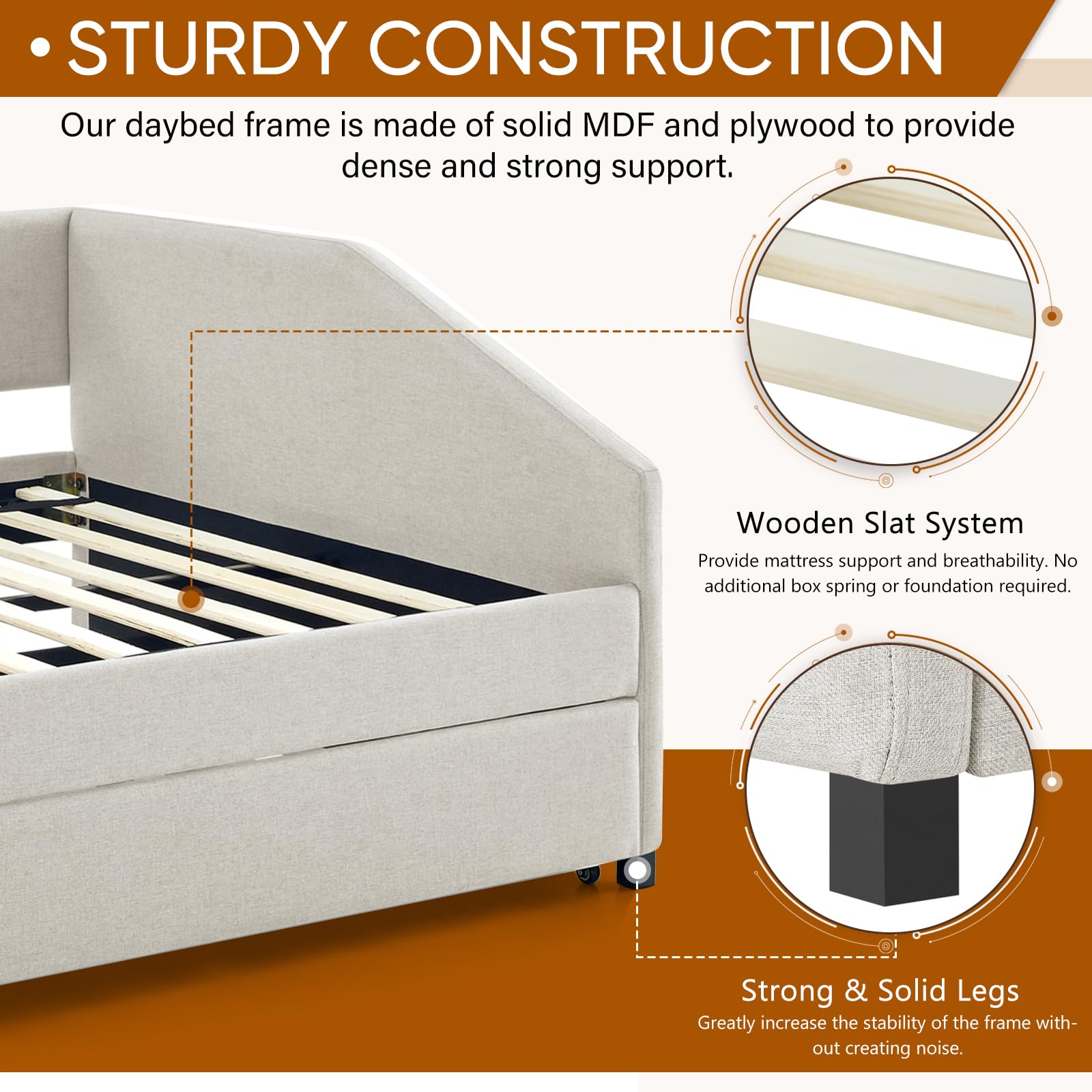Twin Daybed with Storage Drawers, Upholstered Twin Size Daybed Frame, Modern Sofa Day Bed Frame with Curved Armrests, Linen Fabric Bedroom Furniture Bedframe, No Box Spring Needed (Twin, Beige)
