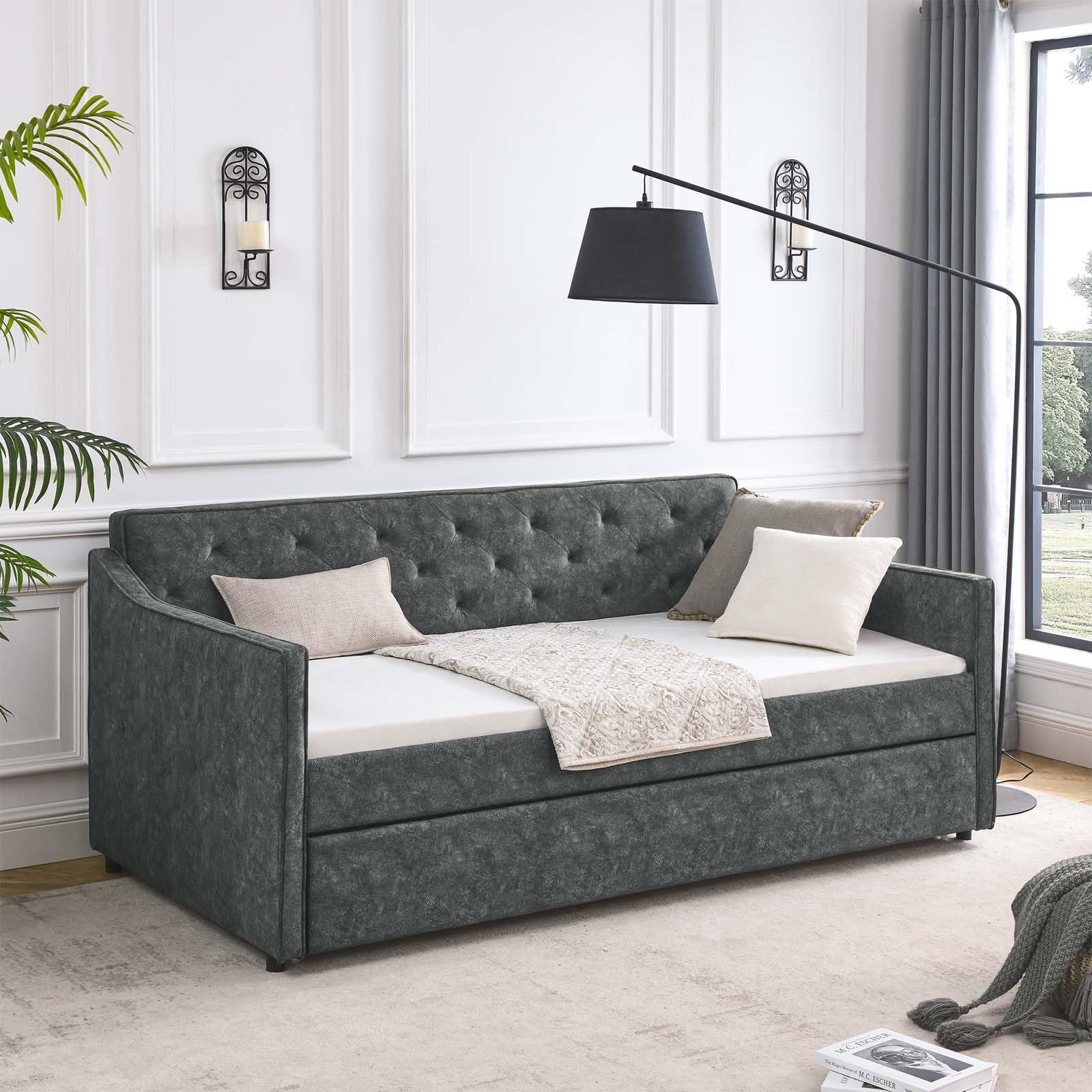 Antetek Daybed with Trundle, Fabric Upholstered Twin Size Day Bed Pull-Point Sofa Daybed Frame w/Twin Roll-Out Trundle, No Box Spring Needed, Furniture for Bedroom, Living Room, Guest Room, Grey