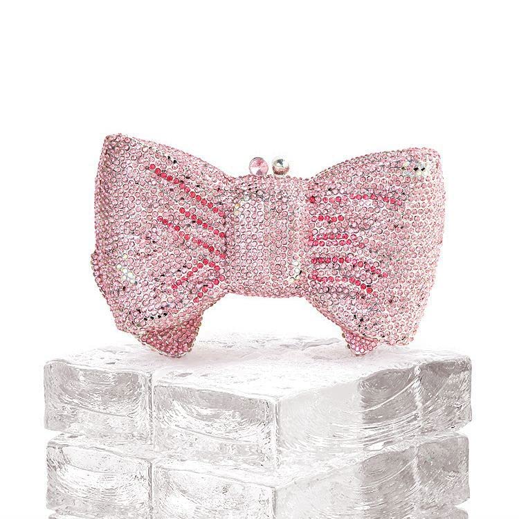 DEBIMY Ladies Pretty Bowknot Clutch Purse Sparkly Rhinestone Crystal Evening Bag Wedding Party Handbag Wallet Pink Silver