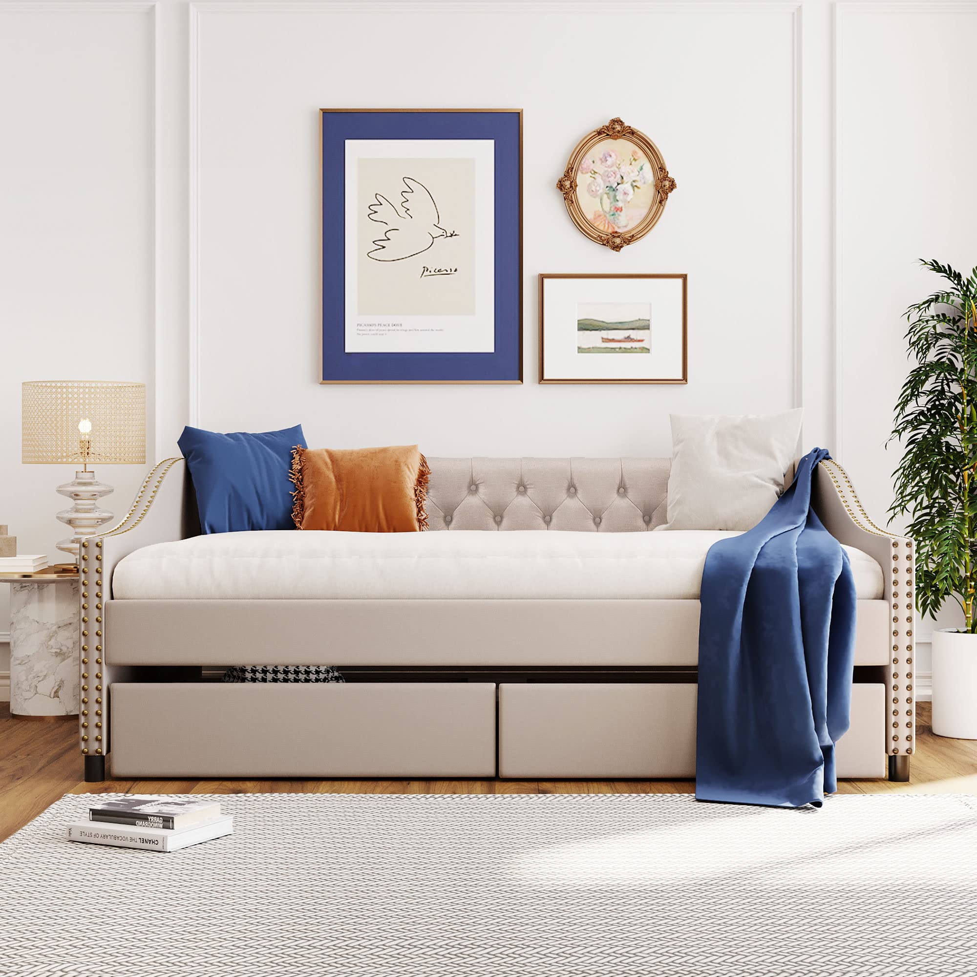 Eafurn Full Daybed with Two Drawers, Upholstered Daybed with Storage,Full Size Button Tufted Sofa Bed Day Bed with Nailhead Trim and Solid Wood Slat Support