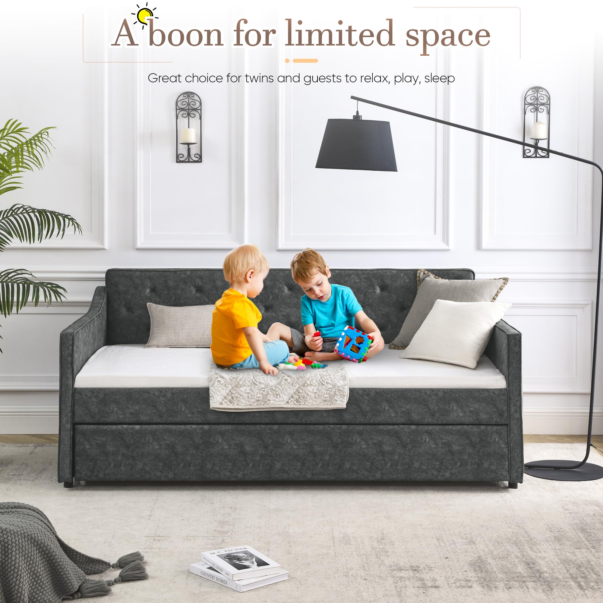 Antetek Daybed with Trundle, Fabric Upholstered Twin Size Day Bed Pull-Point Sofa Daybed Frame w/Twin Roll-Out Trundle, No Box Spring Needed, Furniture for Bedroom, Living Room, Guest Room, Grey