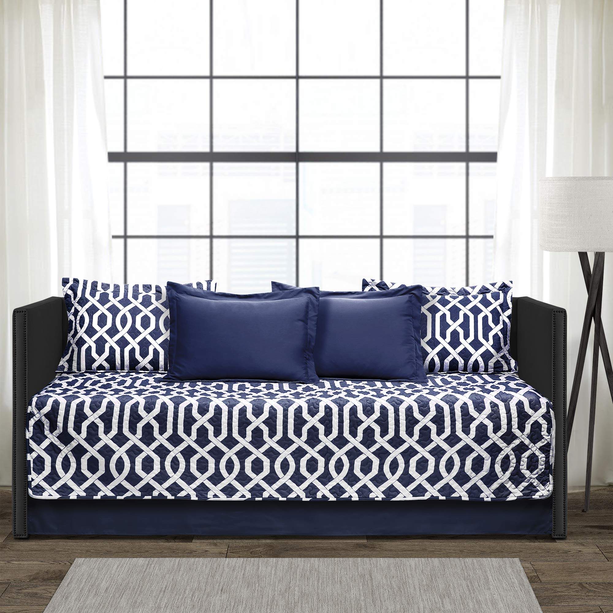 Lush Decor Navy and White Edward Trellis Patterned Daybed Cover Set Includes Bed Skirt, Pillow Shams and Cases, 75" X 39", 6 Piece