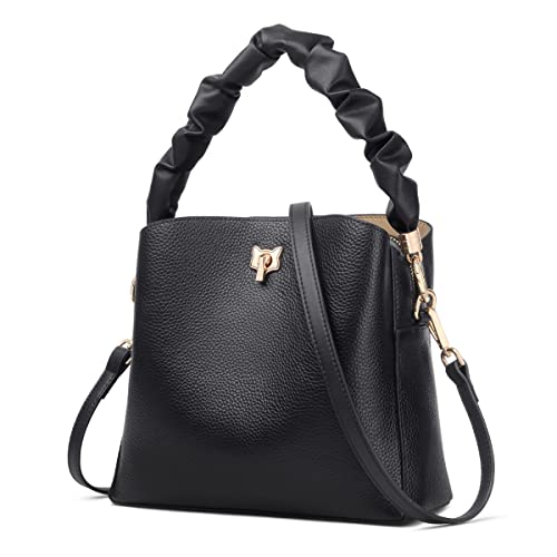 FOXER Women's Leather Shoulder Black Handbags, Purses for Women Crossbody Bag, Tote Bag Cute Split Cowhide Quilted Shoulder Purses (Black)