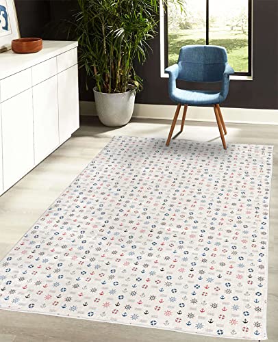Ambesonne Nautical Decorative Area Rug, Marine Elements Featured Life Anchor Compass Sea Waves Theme, Quality Carpet for Bedroom Dorm Living Room, 4' X 5' 5", Blue and Red