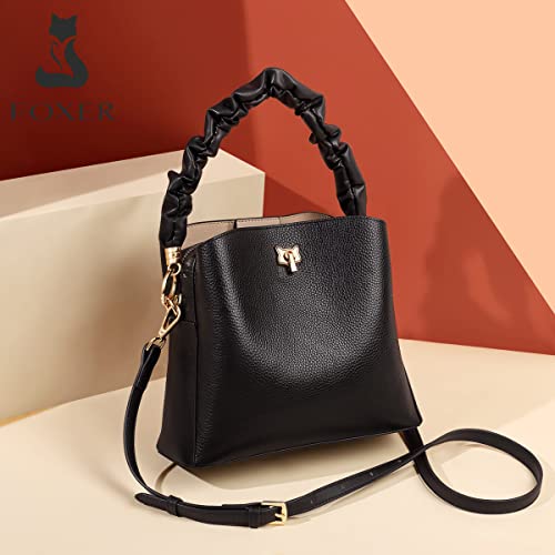 FOXER Women's Leather Shoulder Black Handbags, Purses for Women Crossbody Bag, Tote Bag Cute Split Cowhide Quilted Shoulder Purses (Black)