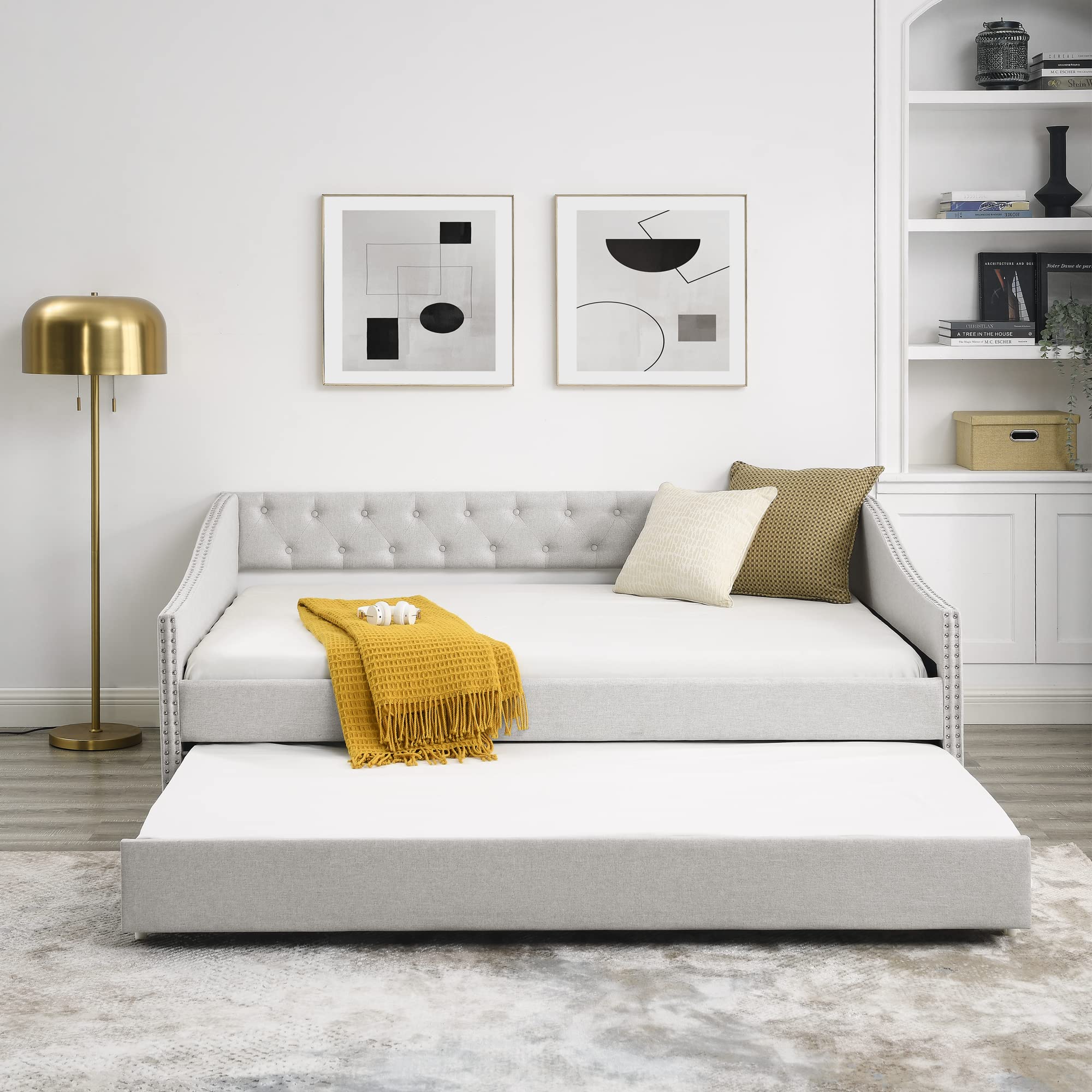 Eafurn Full Size Daybed with Twin Size Trundle,Upholstered Full Bed Frame Sofa Bed with Button and Copper Nail on Waved Shape Arms for Bedroom Guest Room, No Box Spring Needed