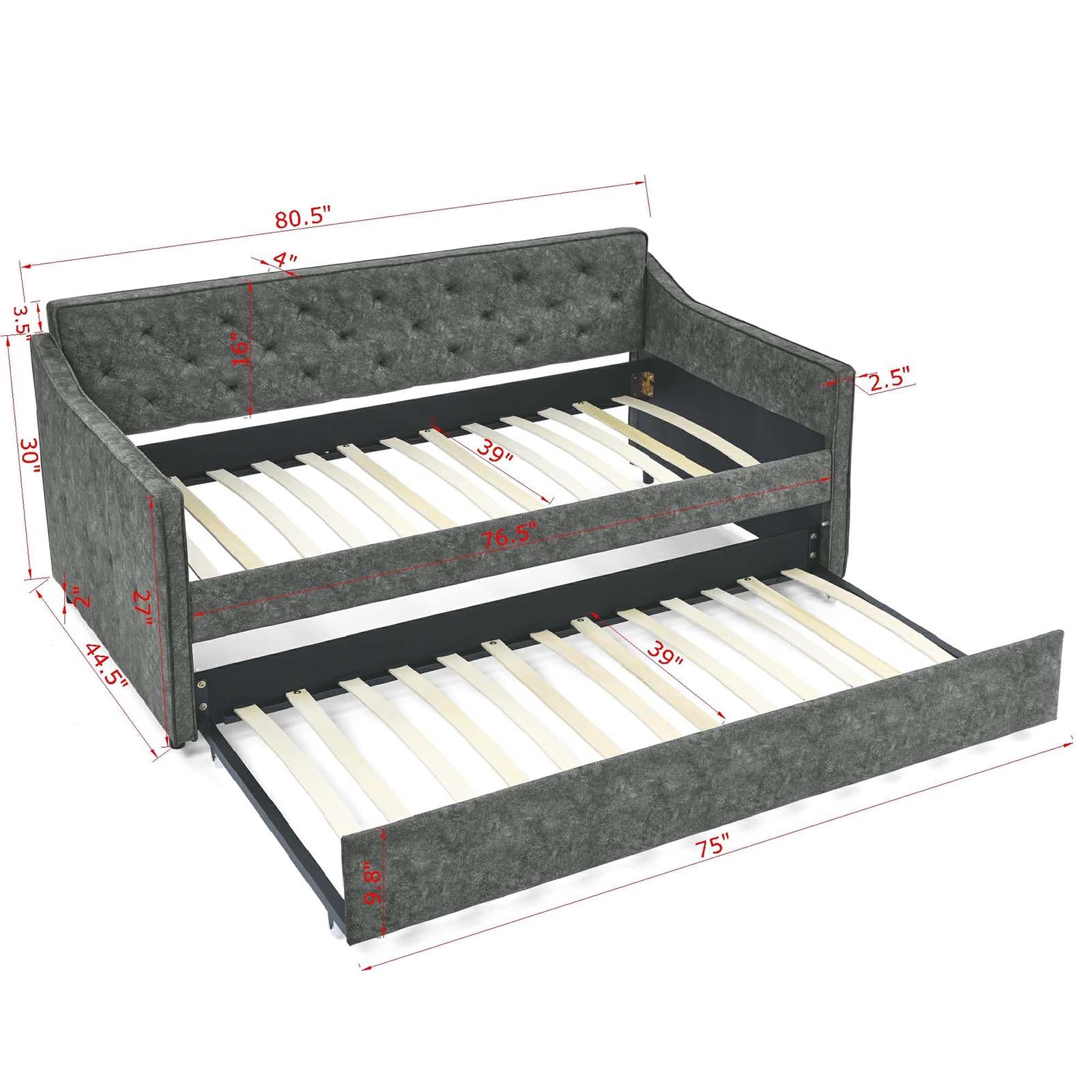 Antetek Daybed with Trundle, Fabric Upholstered Twin Size Day Bed Pull-Point Sofa Daybed Frame w/Twin Roll-Out Trundle, No Box Spring Needed, Furniture for Bedroom, Living Room, Guest Room, Grey