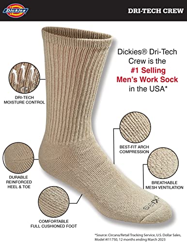 Dickies Men's Dri-Tech Essential Moisture Control Crew Socks, Available in M-XXL (6, 12, Solid Khaki (6 Pairs), Large