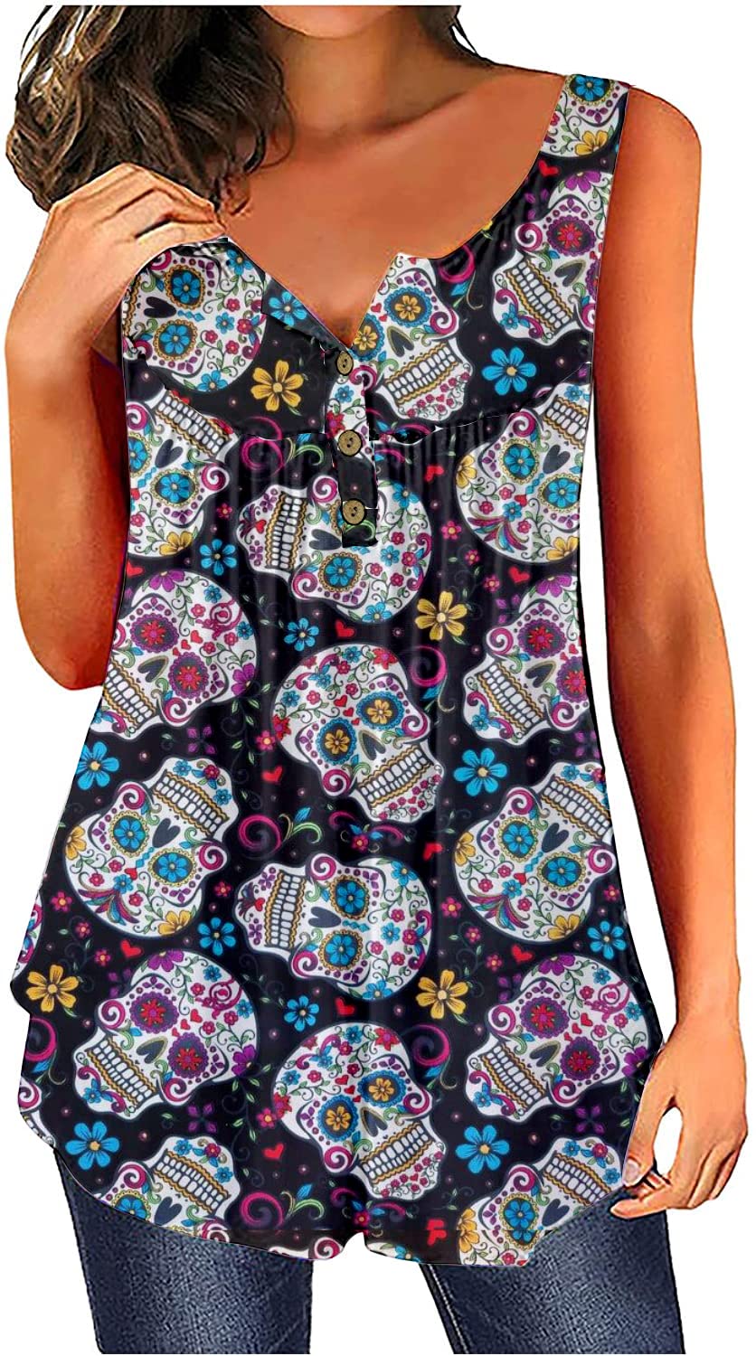 Roshop Halloween Women's Sleeveless Flower Sugar Skull Dead Head Henley Tunic Tops FSK XL