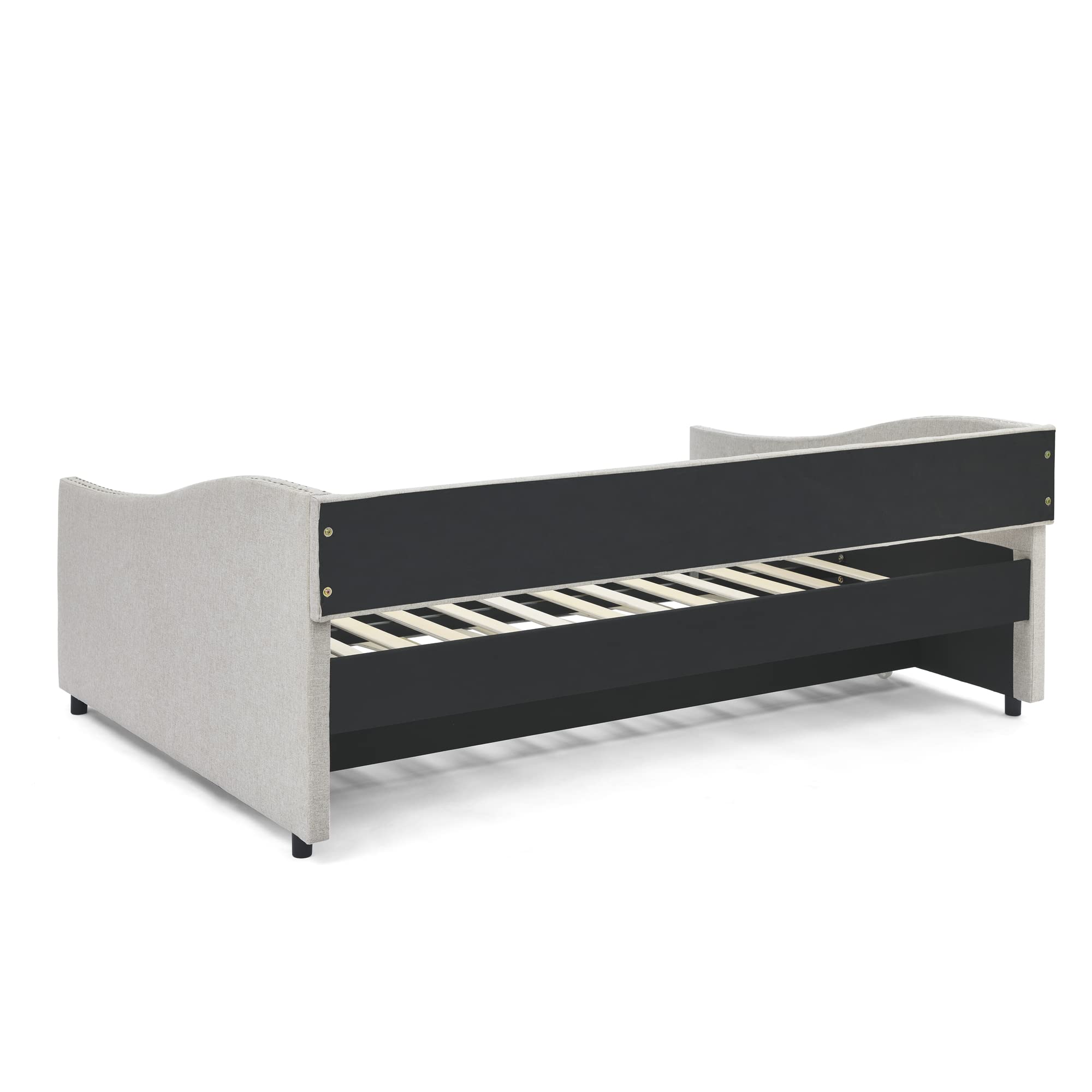 Eafurn Full Size Daybed with Twin Size Trundle,Upholstered Full Bed Frame Sofa Bed with Button and Copper Nail on Waved Shape Arms for Bedroom Guest Room, No Box Spring Needed