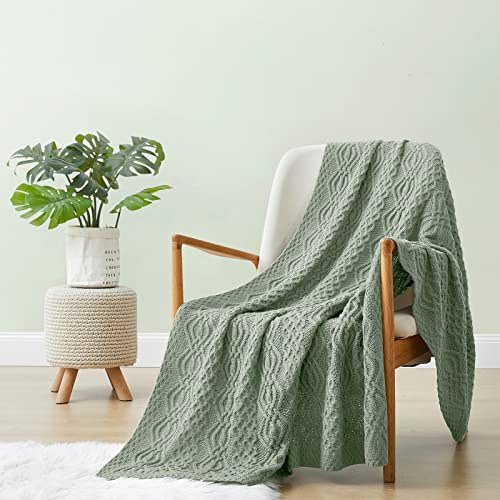 Aormenzy Sage Green Cable Knit Throw Blanket, Soft & Warm Knitted Blanket Oversized for Couch Bed Sofa Living Room, 60 x 80 inch