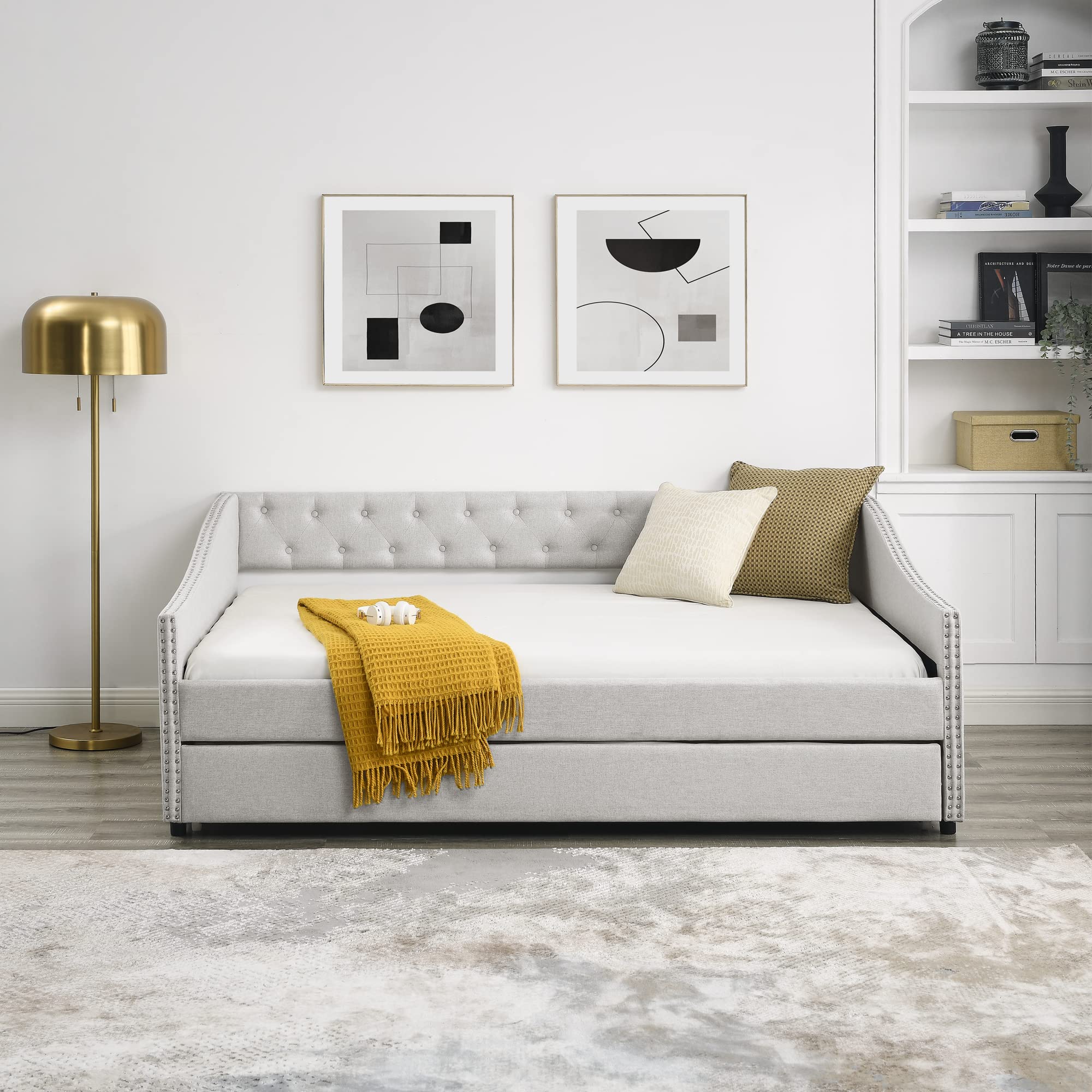 Eafurn Full Size Daybed with Twin Size Trundle,Upholstered Full Bed Frame Sofa Bed with Button and Copper Nail on Waved Shape Arms for Bedroom Guest Room, No Box Spring Needed