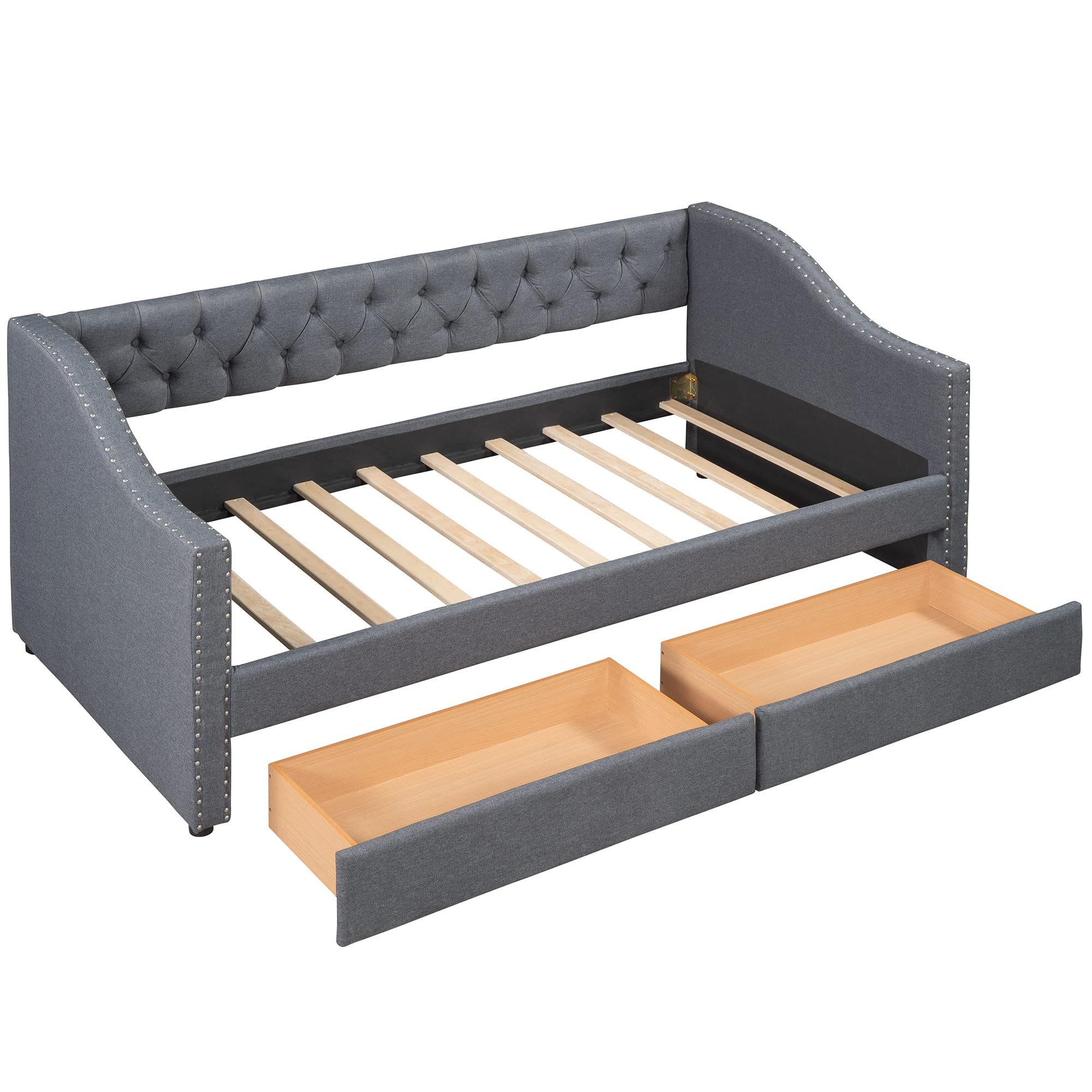 Oudiec Upholstered Twin Size daybed with Drawers,Pine Wood Bed Frame Bedroom Furniture Bedframe with Headboard & Wood Slat Support,No Box Spring Needed, Gray
