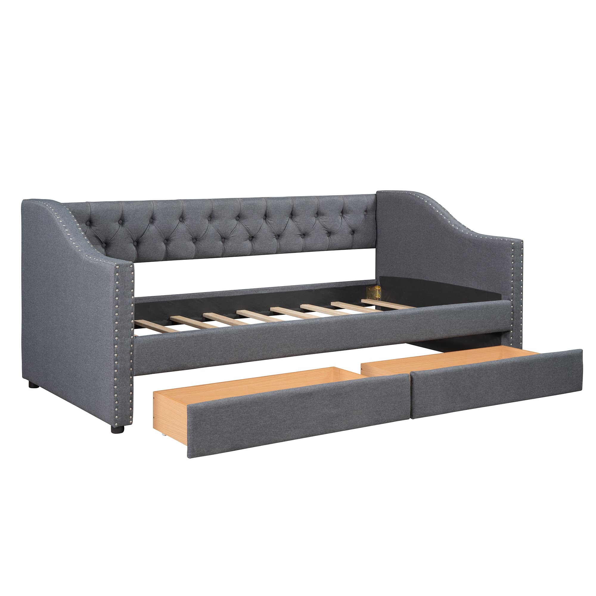 Oudiec Upholstered Twin Size daybed with Drawers,Pine Wood Bed Frame Bedroom Furniture Bedframe with Headboard & Wood Slat Support,No Box Spring Needed, Gray