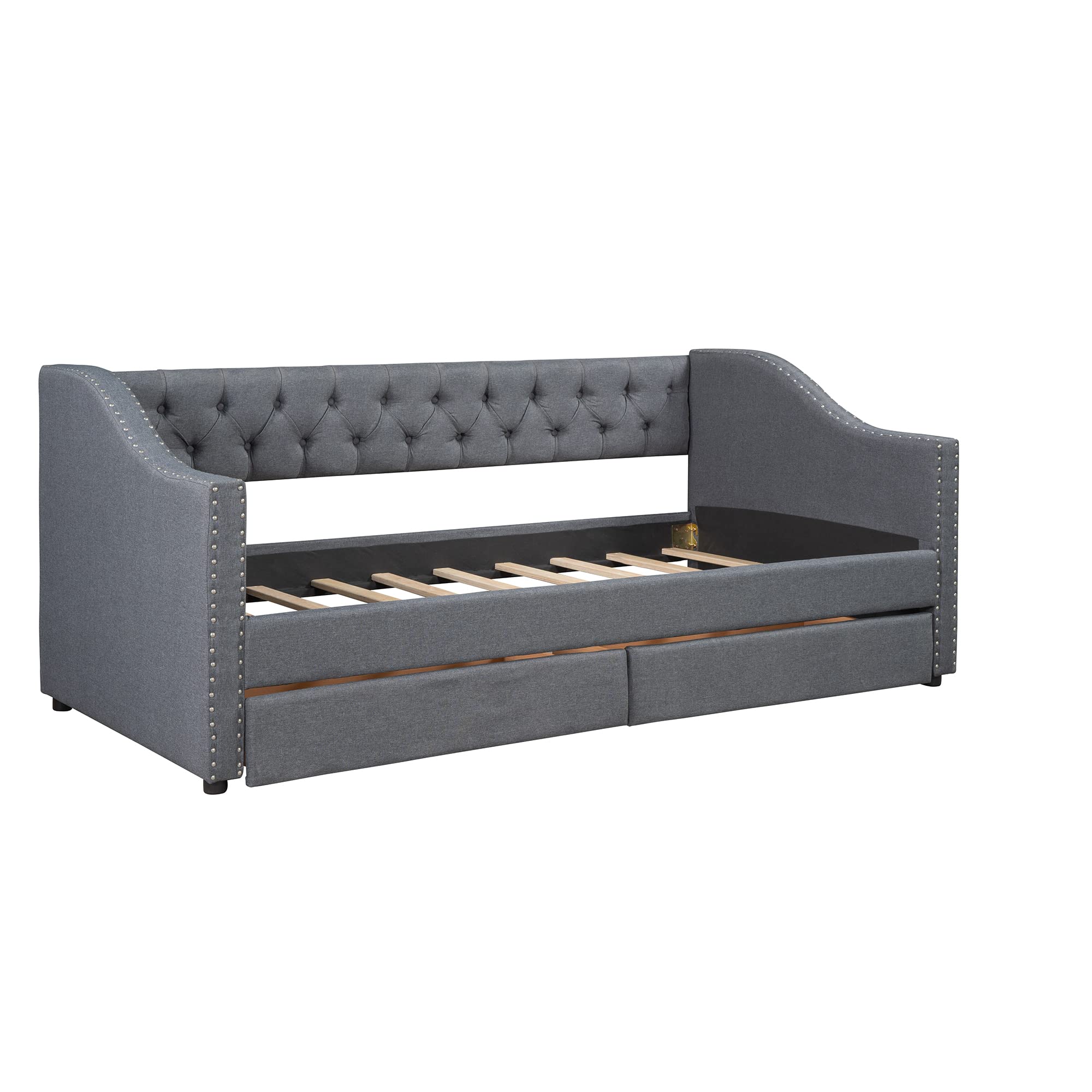 Oudiec Upholstered Twin Size daybed with Drawers,Pine Wood Bed Frame Bedroom Furniture Bedframe with Headboard & Wood Slat Support,No Box Spring Needed, Gray