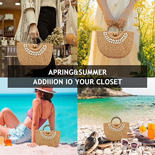 Beach Bag for Women Straw Top-Handle Bags Summer Woven Beach Tote Bag (Brown)
