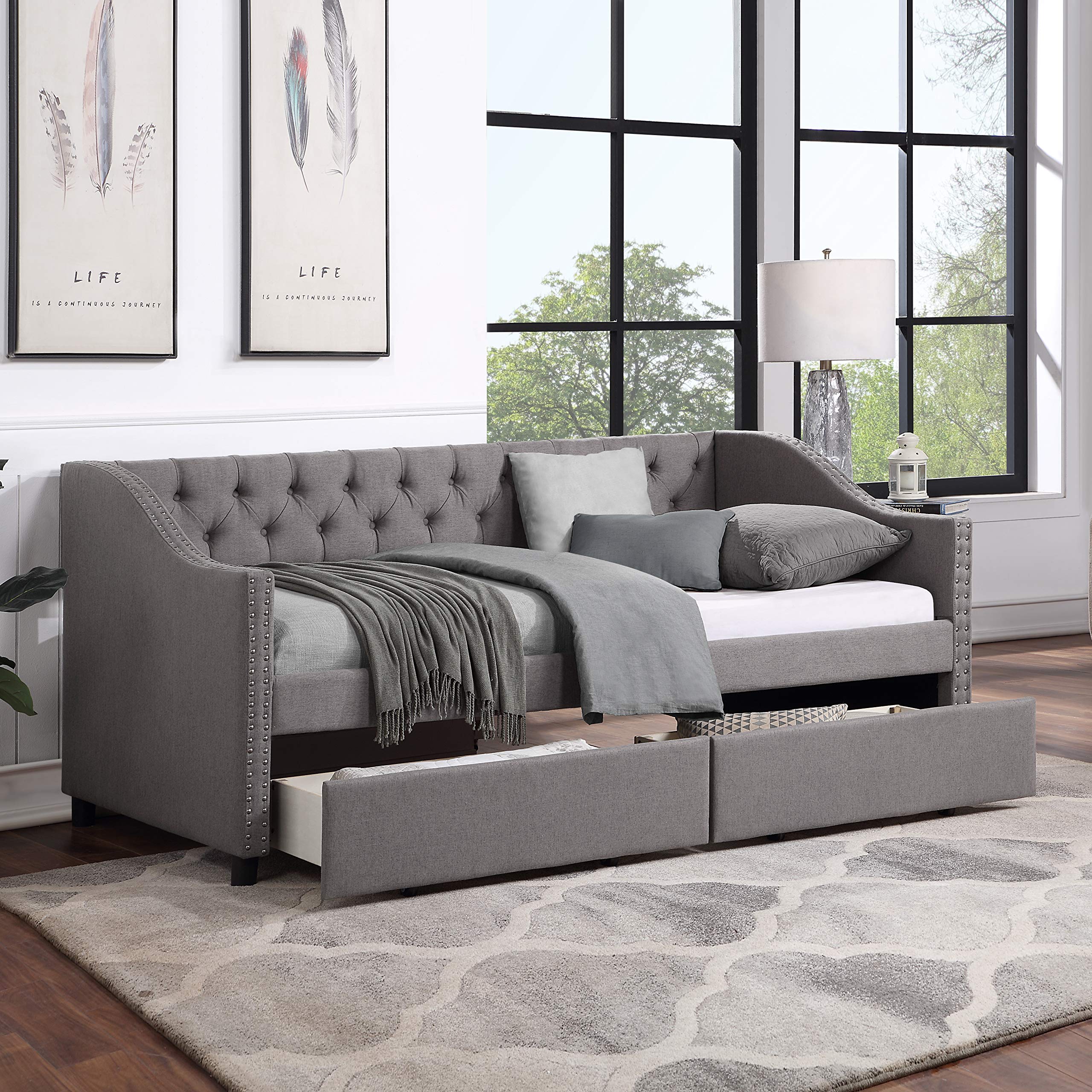 Oudiec Upholstered Twin Size daybed with Drawers,Pine Wood Bed Frame Bedroom Furniture Bedframe with Headboard & Wood Slat Support,No Box Spring Needed, Gray
