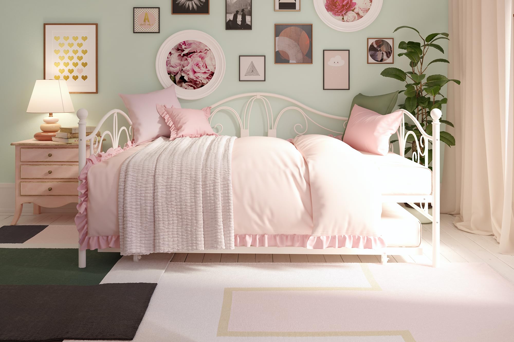 DHP Bombay Metal Full Size Daybed Frame with Included Twin Size Trundle - White, 4040129