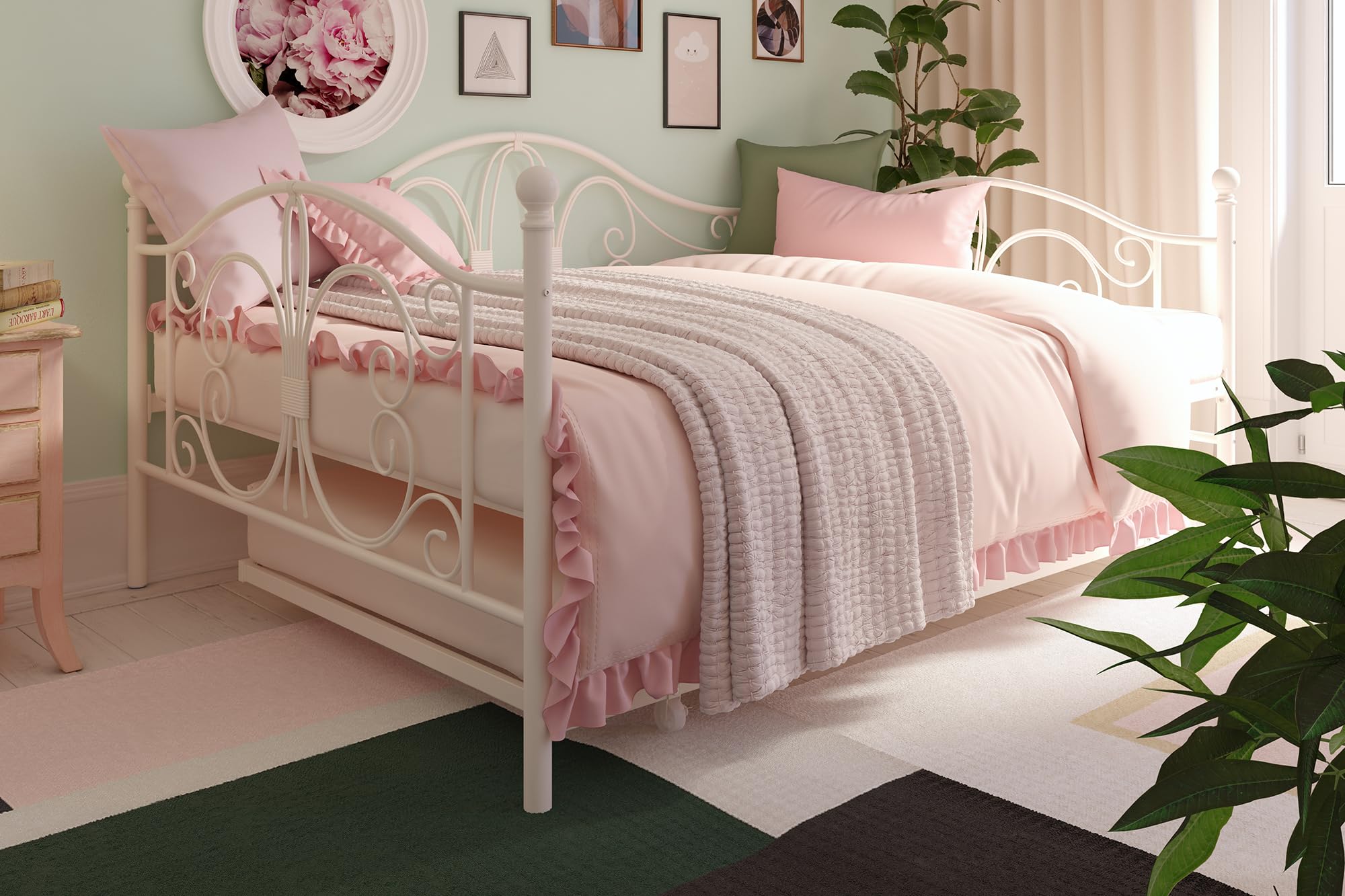 DHP Bombay Metal Full Size Daybed Frame with Included Twin Size Trundle - White, 4040129