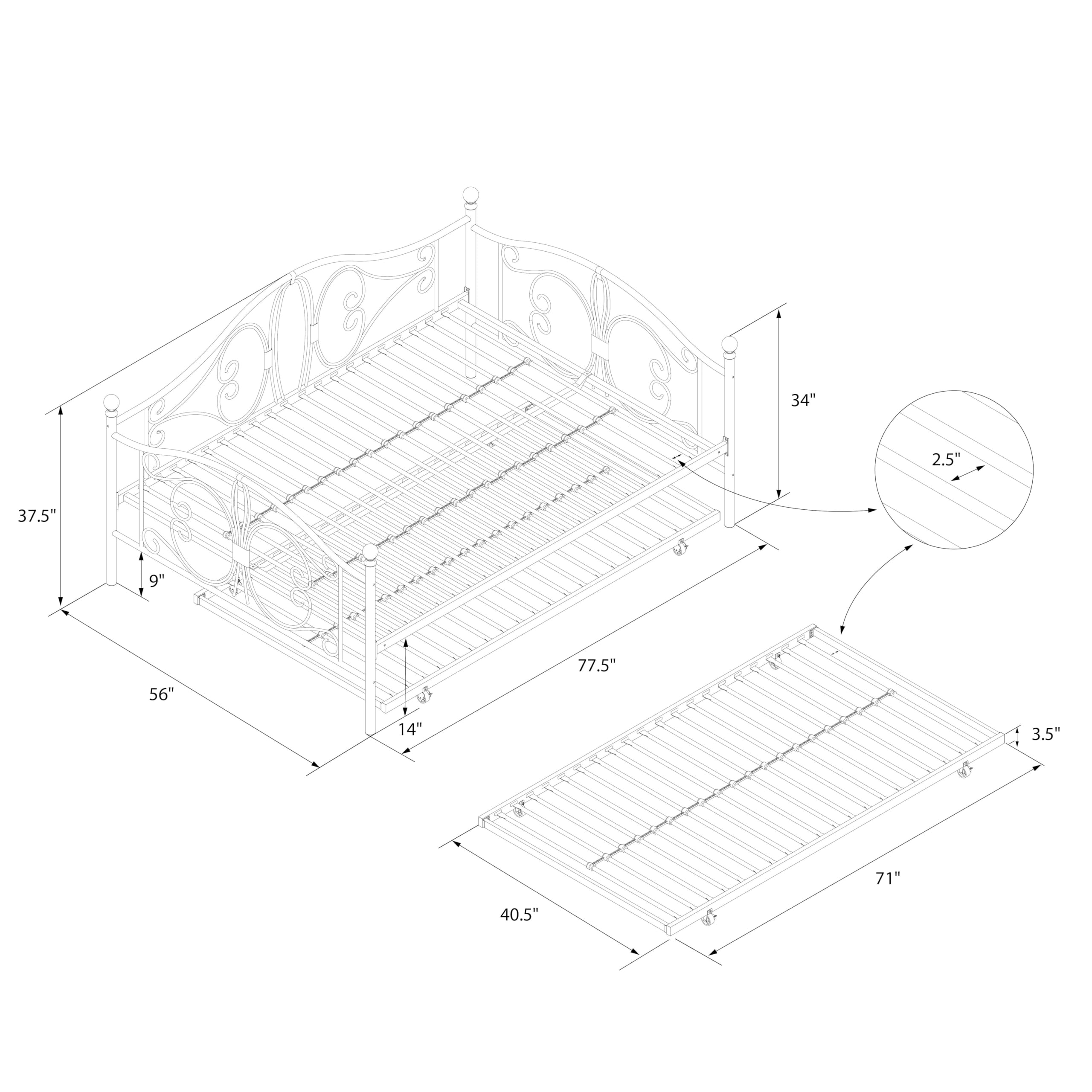 DHP Bombay Metal Full Size Daybed Frame with Included Twin Size Trundle - White, 4040129