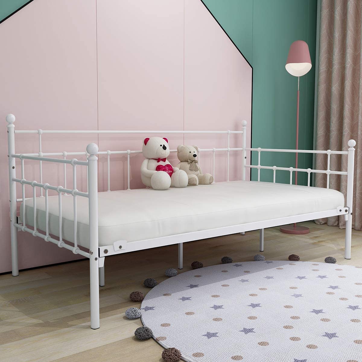 HOMERECOMMEND Metal Daybed Frame Steel Slats Platform Base Box Spring Replacemen Bed Sofa for Living Room Guest Room (Twin, White).