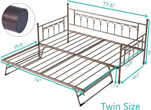 kuurfuurdo Twin Daybed with Trundle Bed, Day Bed with Trundle Bed Twin Pop Up, Metal Daybed Frame, Steel Slat Support Twin Trundle Bed Frame for Kids Teens Adults, No Box Spring Needed