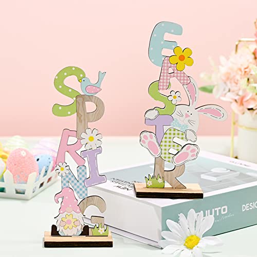 Easter Tabletop Decoration Signs, Easter Table Centerpieces Wooden Bunny Gnomes Decorations Family Signs for Spring Holiday Easter (2PCS)