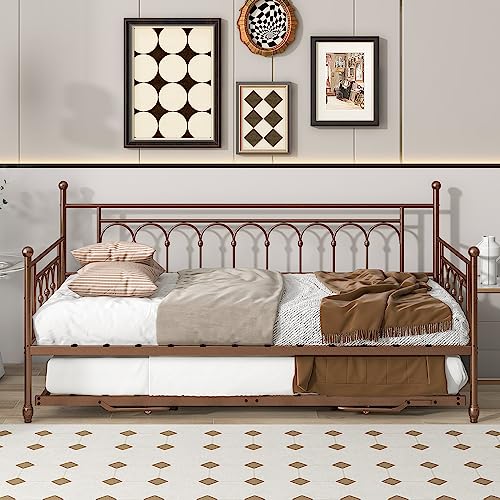 kuurfuurdo Twin Daybed with Trundle Bed, Day Bed with Trundle Bed Twin Pop Up, Metal Daybed Frame, Steel Slat Support Twin Trundle Bed Frame for Kids Teens Adults, No Box Spring Needed