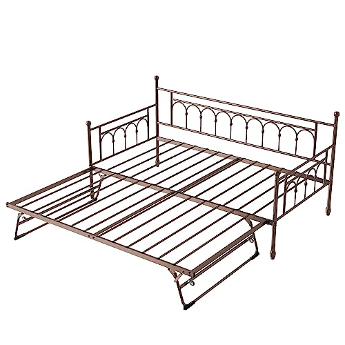 kuurfuurdo Twin Daybed with Trundle Bed, Day Bed with Trundle Bed Twin Pop Up, Metal Daybed Frame, Steel Slat Support Twin Trundle Bed Frame for Kids Teens Adults, No Box Spring Needed